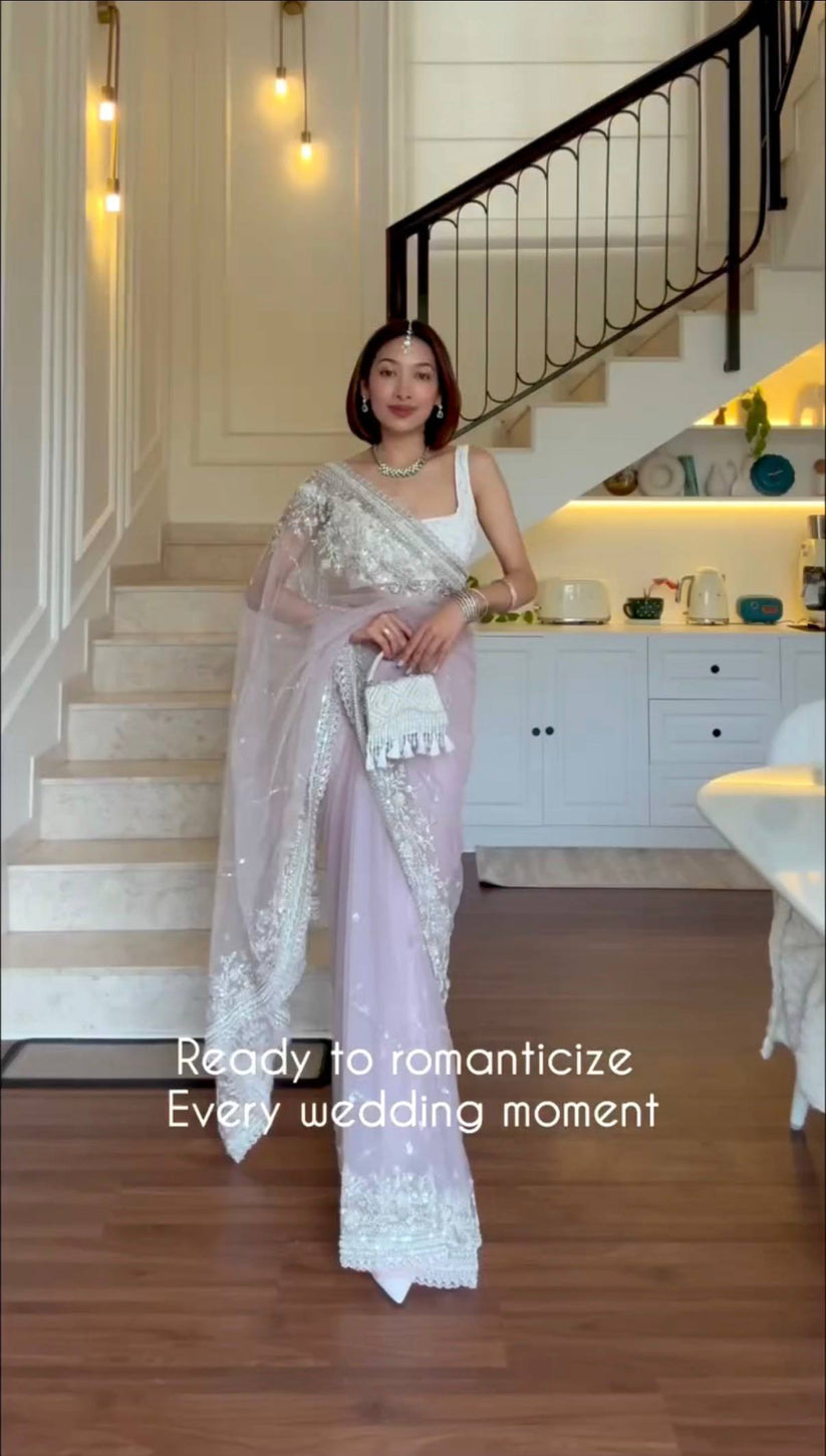 Designer Nylon Net Embroidered Saree with Cut-Work Border and Unstitch ...